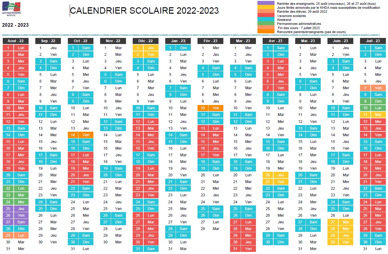 Calendrier scolaire - Lycée Français International de l'AFLEC | LFI - Dubai