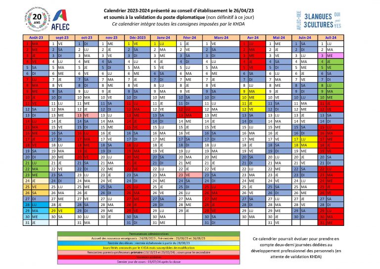 Calendrier scolaire - Lycée Français International de l'AFLEC | LFI - Dubai