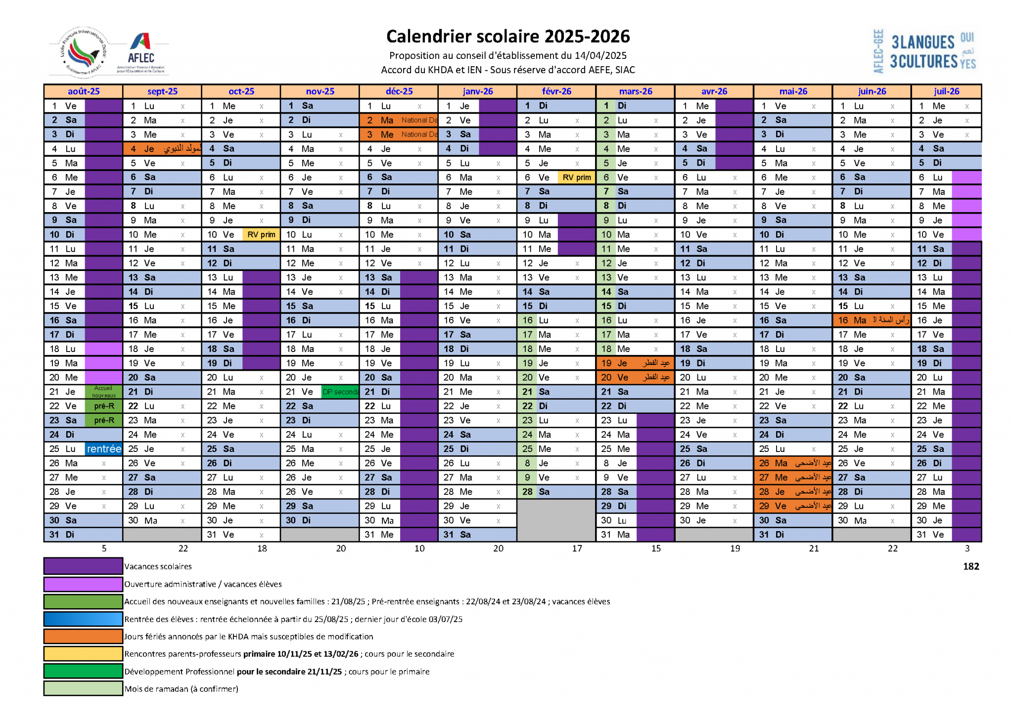 Calendrier scolaire - Lycée Français International de l'AFLEC | LFI - Dubai