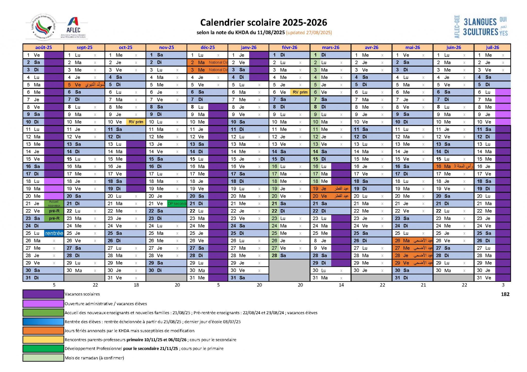 Calendrier scolaire - Lycée Français International de l'AFLEC | LFI - Dubai