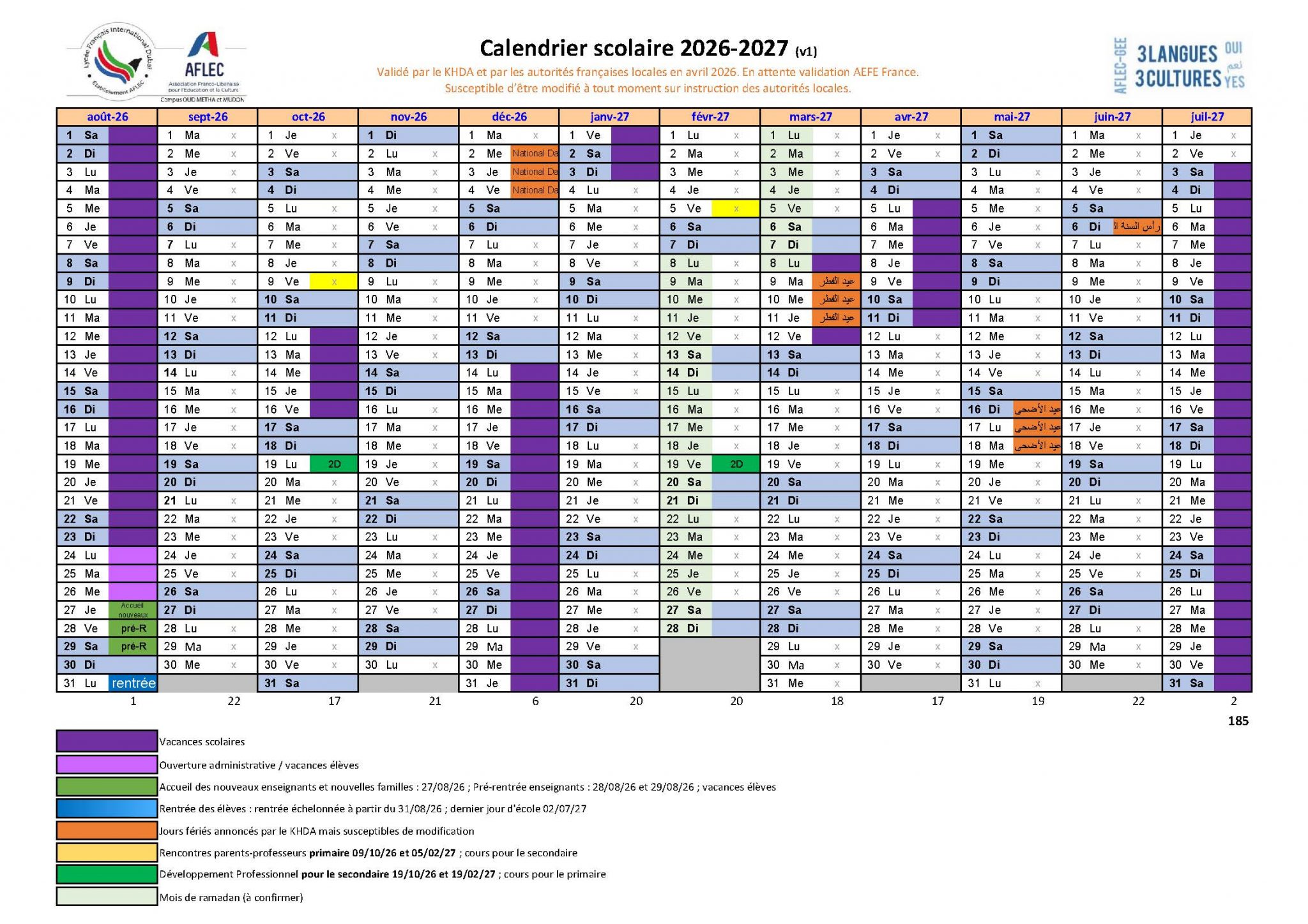 Calendrier scolaire - Lycée Français International de l'AFLEC | LFI - Dubai